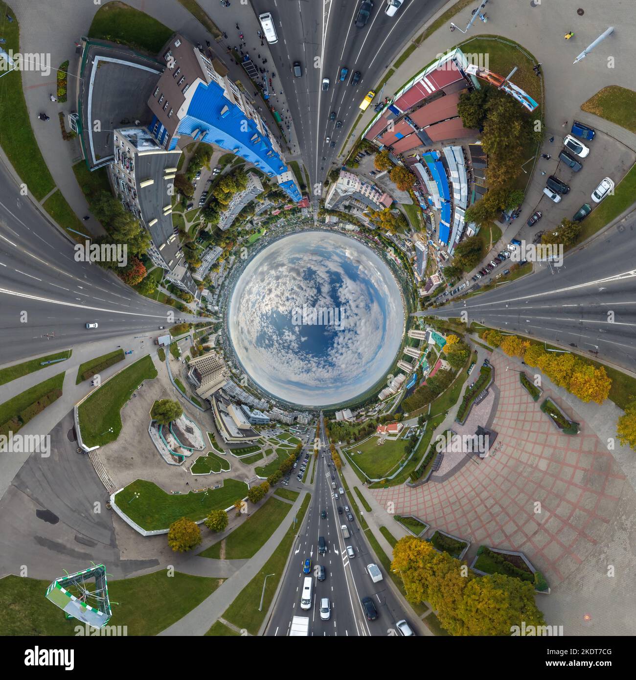 blue sphere inside overlooking old town, urban development, historic ...