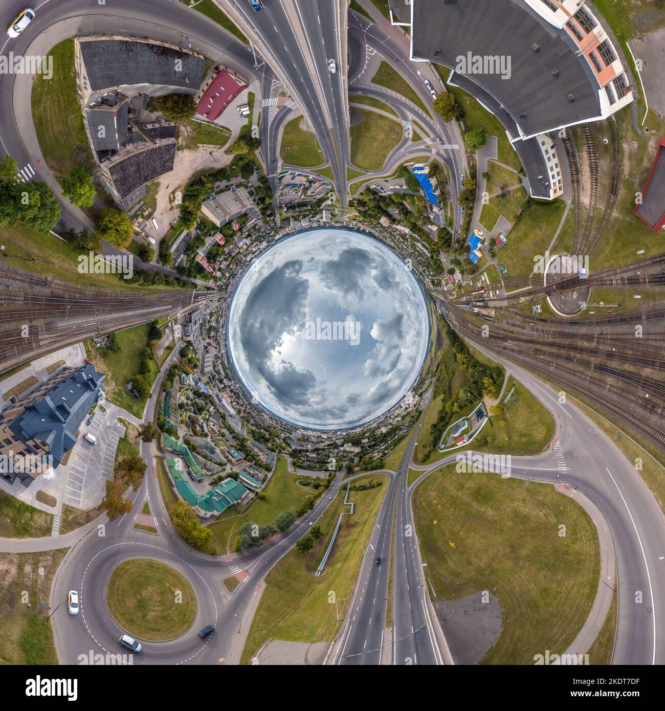 blue sphere inside overlooking old town, urban development, historic ...
