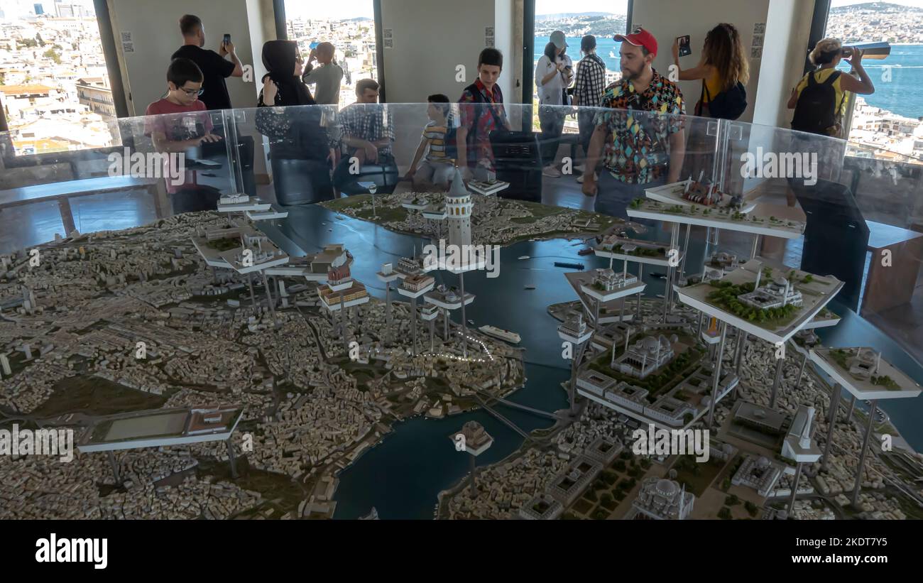 Tourists, visitors in Galata Tower inside with a maquette, layout of ...