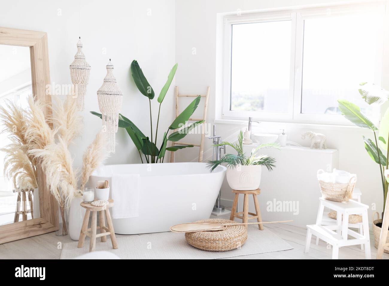 Stylish Interior Of Light Bathing Room With Rustic Decorations In Boho ...