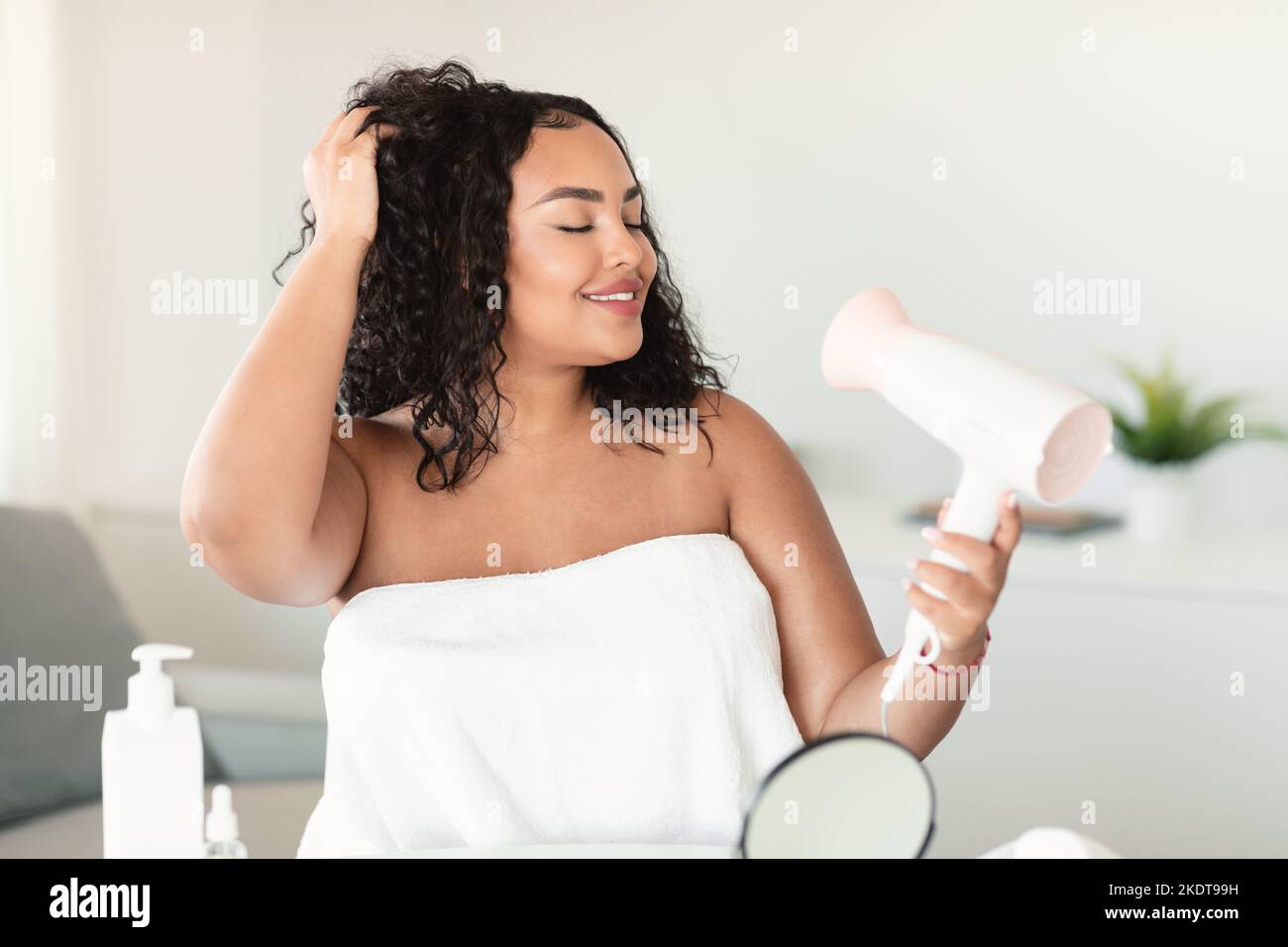 Female Haircare Concept African American Body Positive Lady Drying And