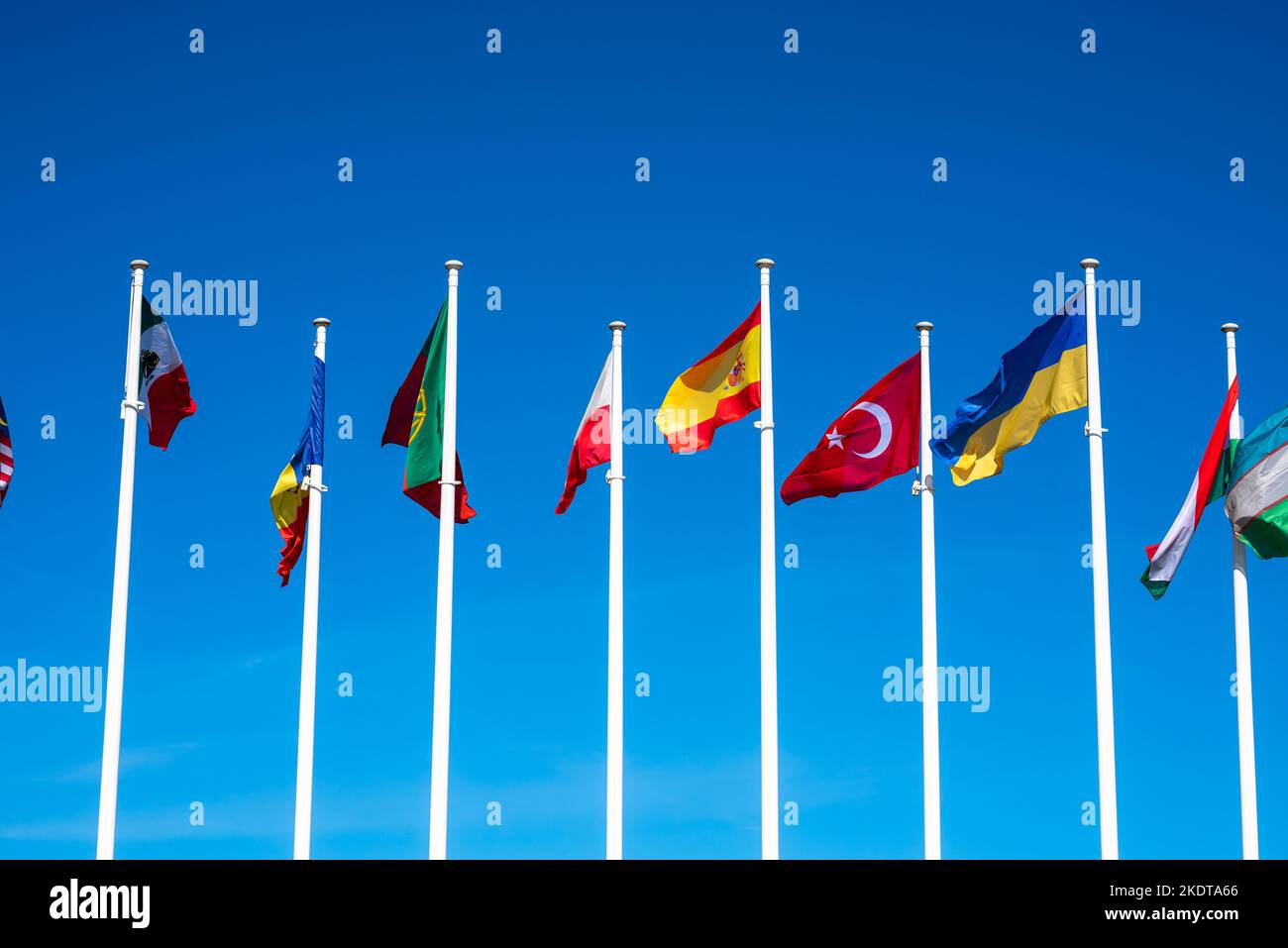 Flags of Different Countries Hang On Flagpoles Against Blue Sky. Flag ...