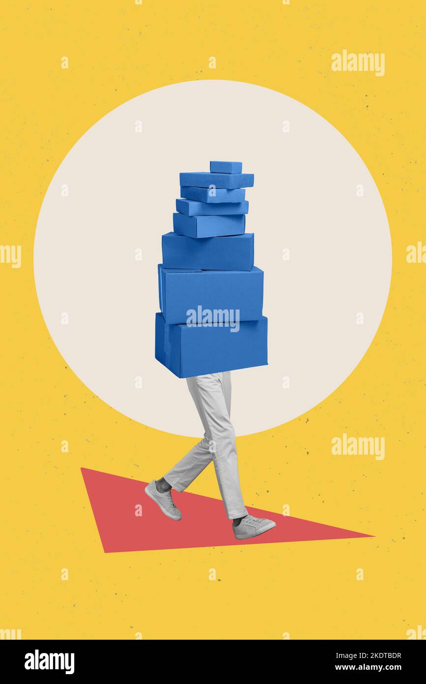 Creative photo 3d collage artwork poster of weird person courier boxes ...