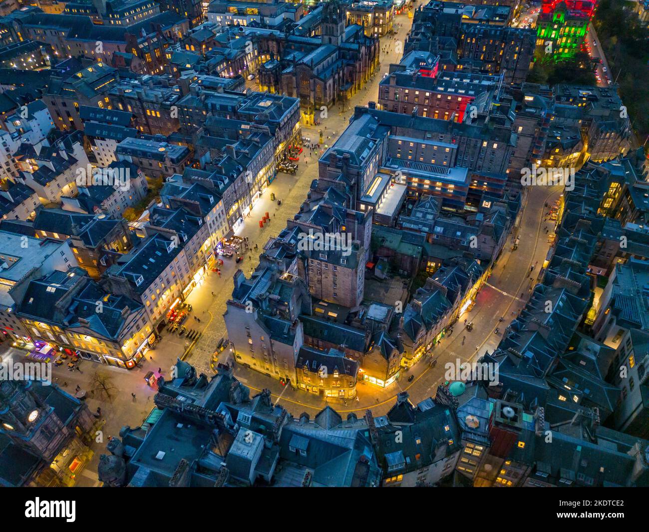 Aerial view from drone at night of Royal Mile and Cockburn Street in ...