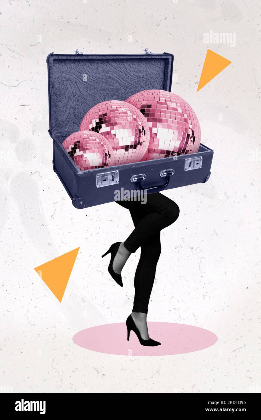 Vertical collage photo of bodyless girl case with disco balls instead ...