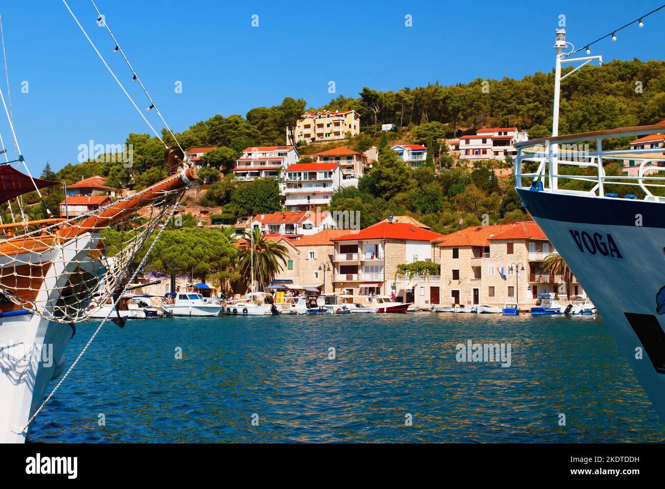 The town and harbor of Jelsa on the island of Hvar in the Adriatic Sea ...