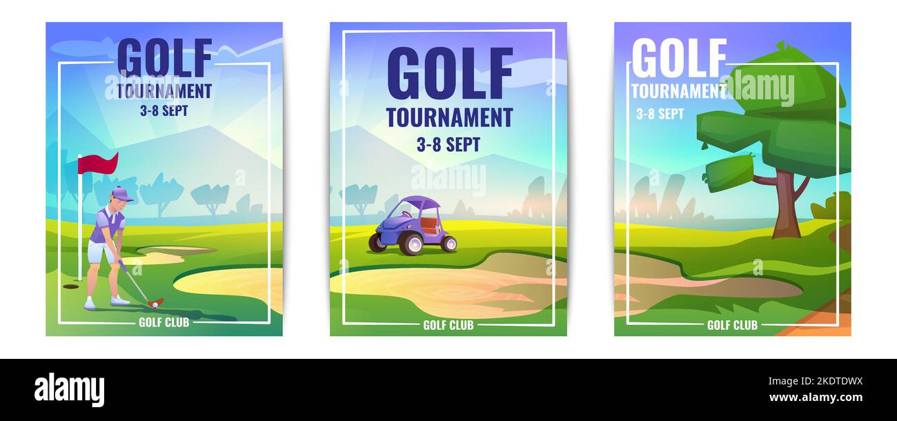 Vector cartoon flyers or golf tournament posters with player man ...