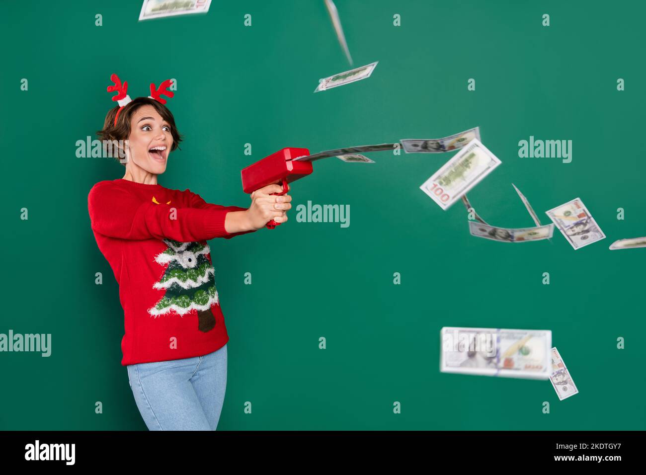 Photo of impressed funny girl dressed ugly print pullover horns hair ...
