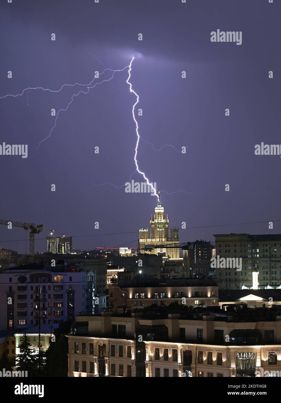 July 9, 2022. Moscow Russia. Lightning strikes the spire of the Stalin ...