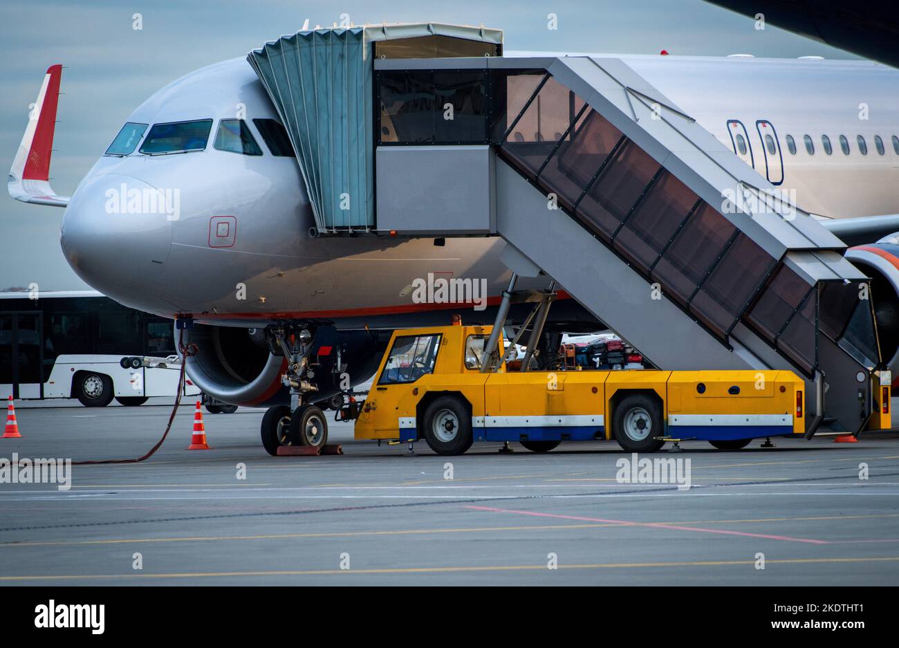Passenger ramp at a modern passenger plane at an international airport ...