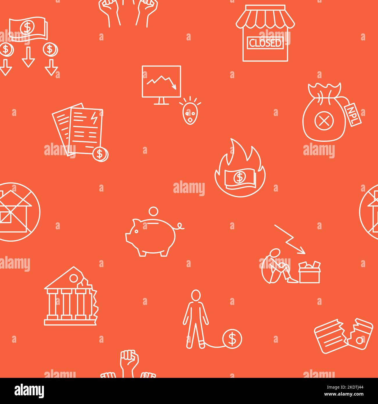 Financial crisis seamless pattern in line style. Bankruptcy, recession ...