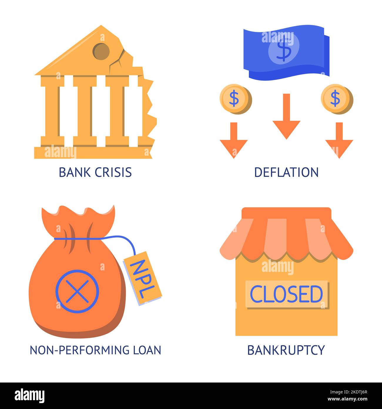 Economic crisis icon set in flat style. Financial crash, recession, bankruptcy symbols. Vector ...