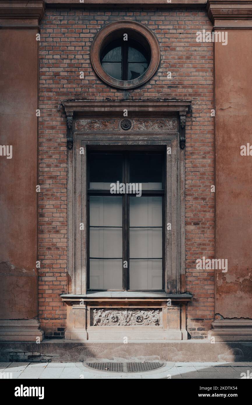 Windows and architectural details on historic red brick facade Stock ...