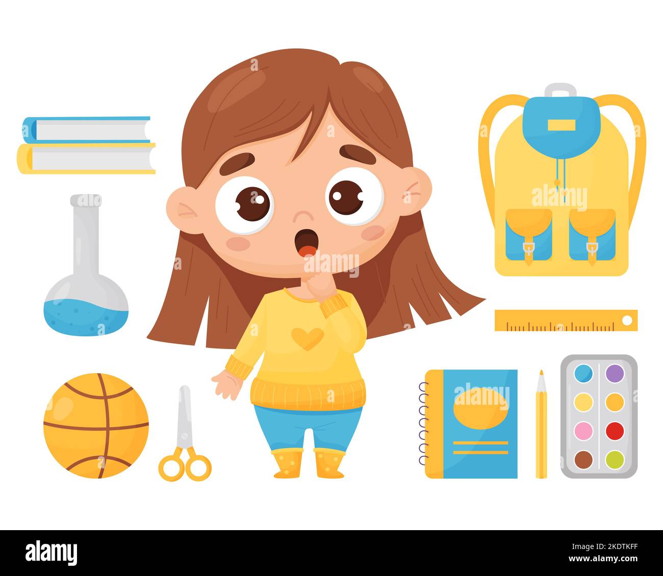 Vector set of school items hobbies and schoolgirl. Cute surprised and ...