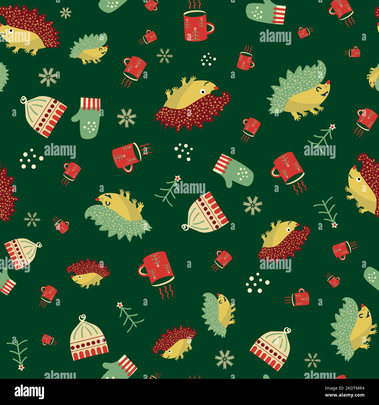 Cute hedgehog, hats, gloves seamless vector pattern backdground. Fun ...