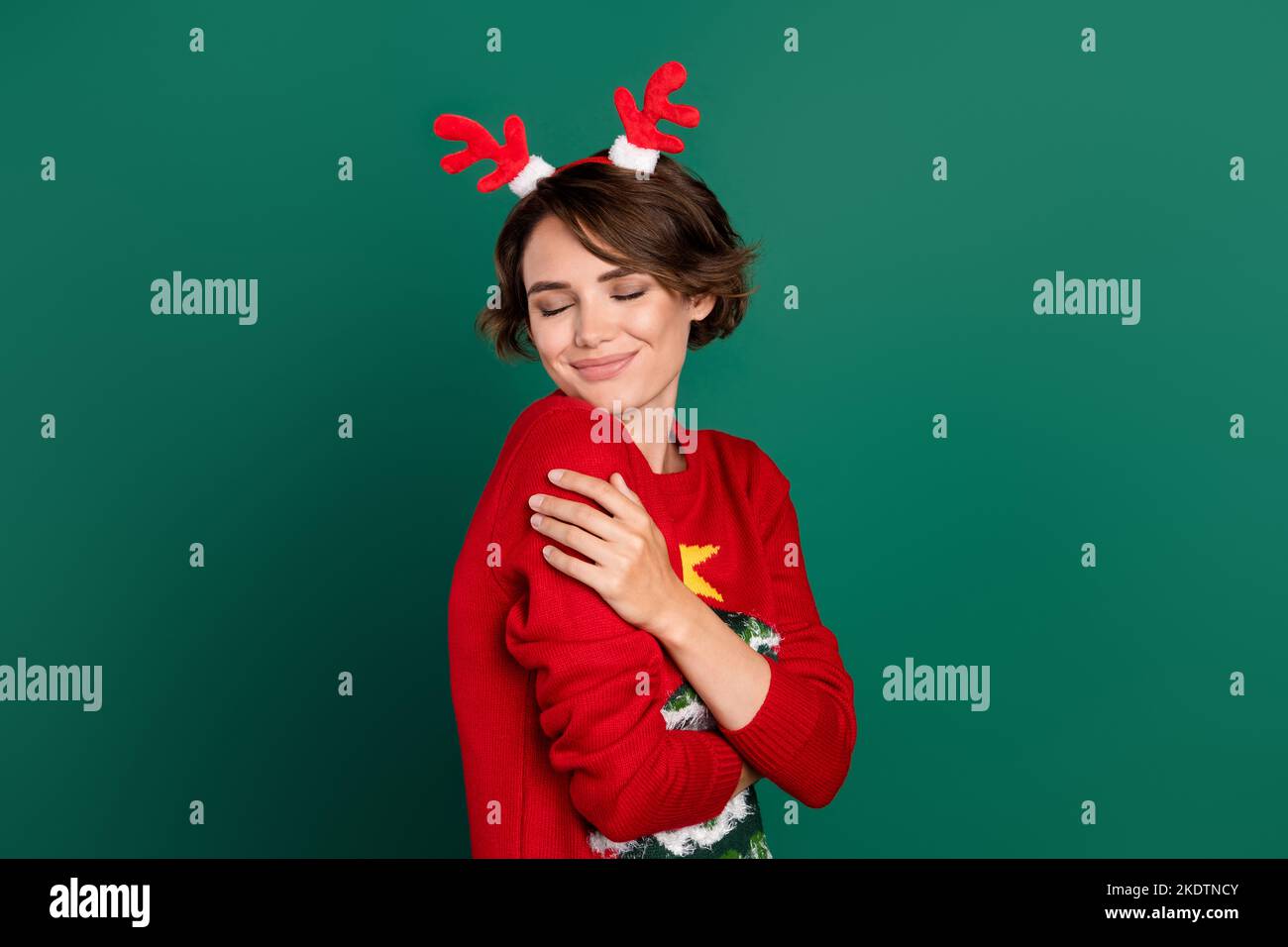 Photo of dreamy adorable girl dressed ugly print pullover deer hair ...