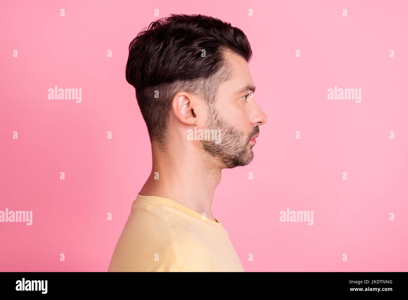 Side profile photo of serious positive guy with brunet hairstyle ...