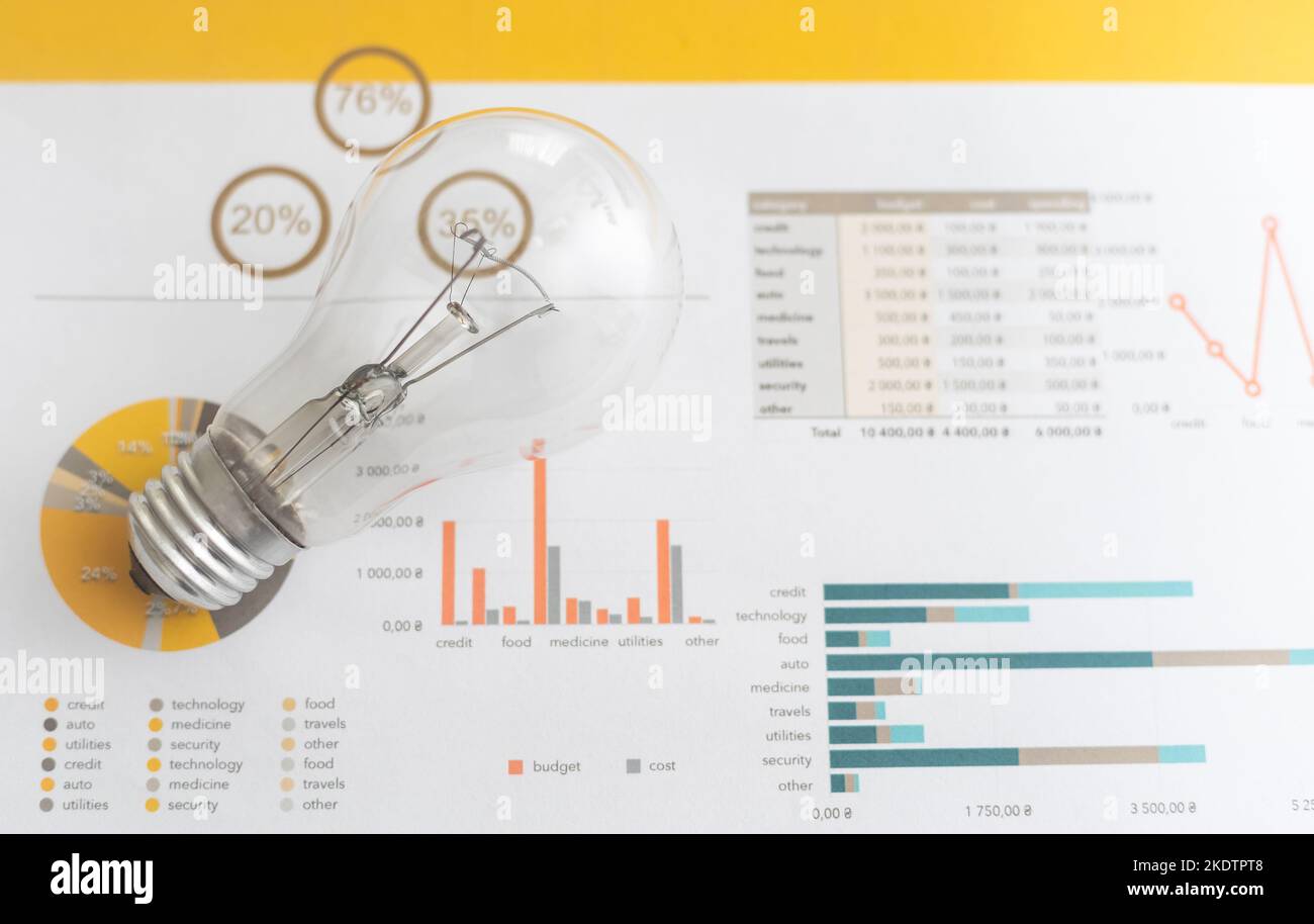 Energy efficiency rating chart, light bulb on gray background, closeup ...
