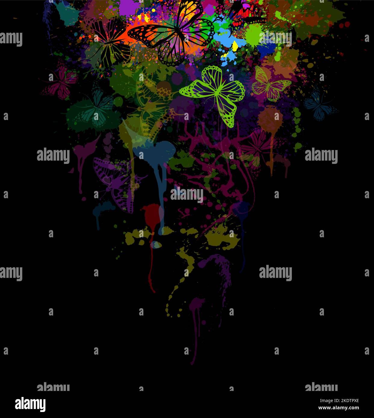 Abstract multicolored butterflies with splashes of paint. on a black ...