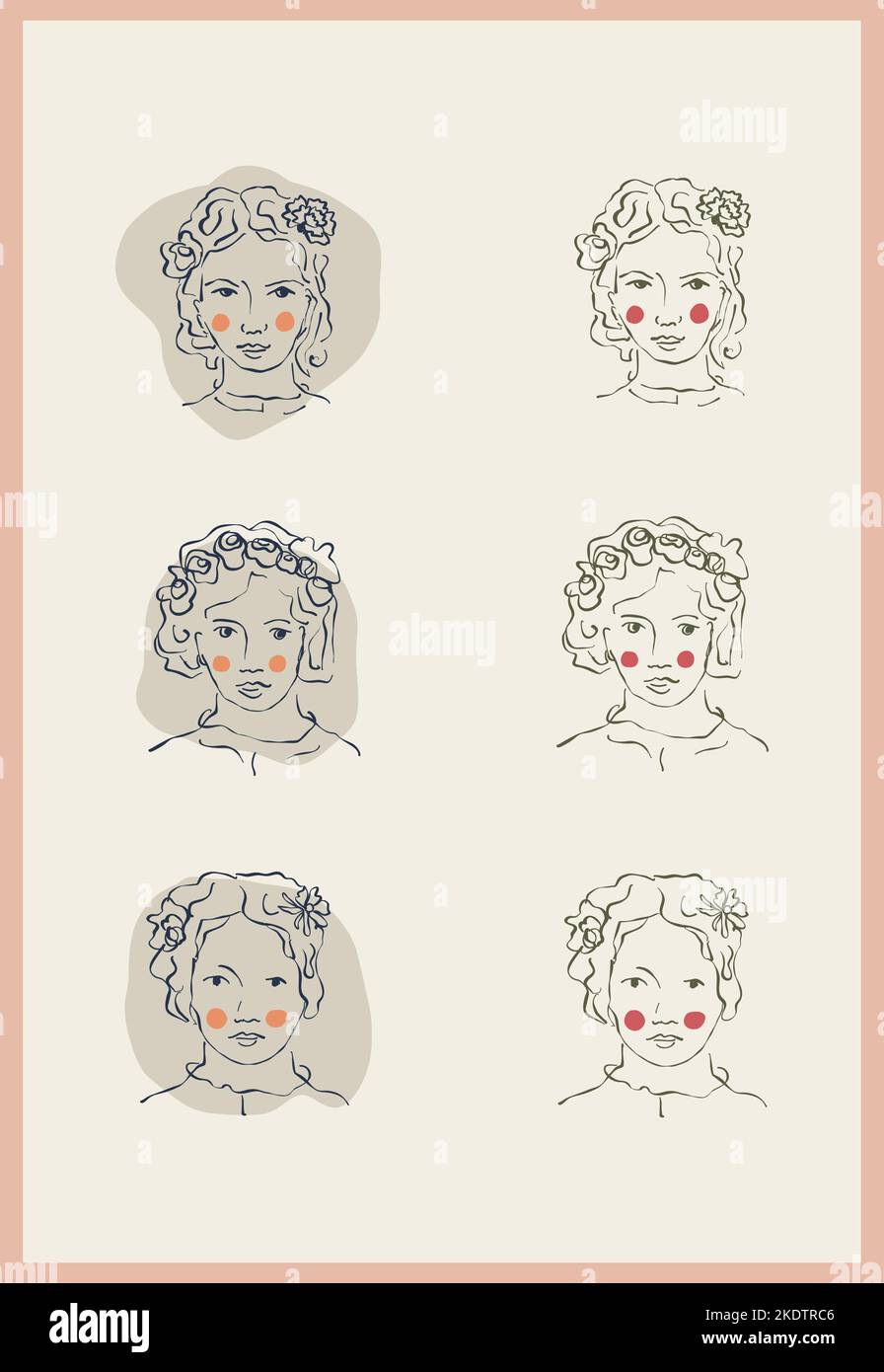 Female portrait with flower collection set of clipart. Framed drawing ...