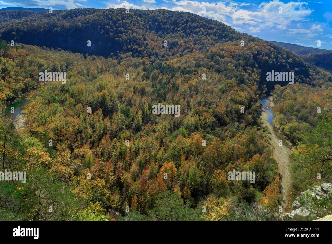 A scenic view of trees changing color and the Buffalo River in the ...