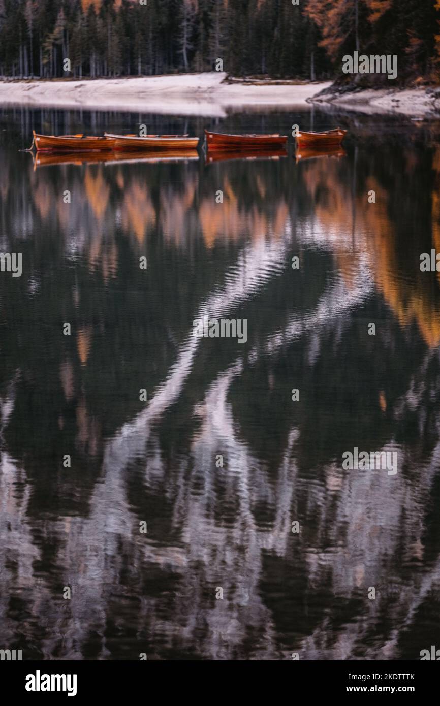 Lago di Braies Pragser Wildsee Drone autumn fall Italy Boats and ...