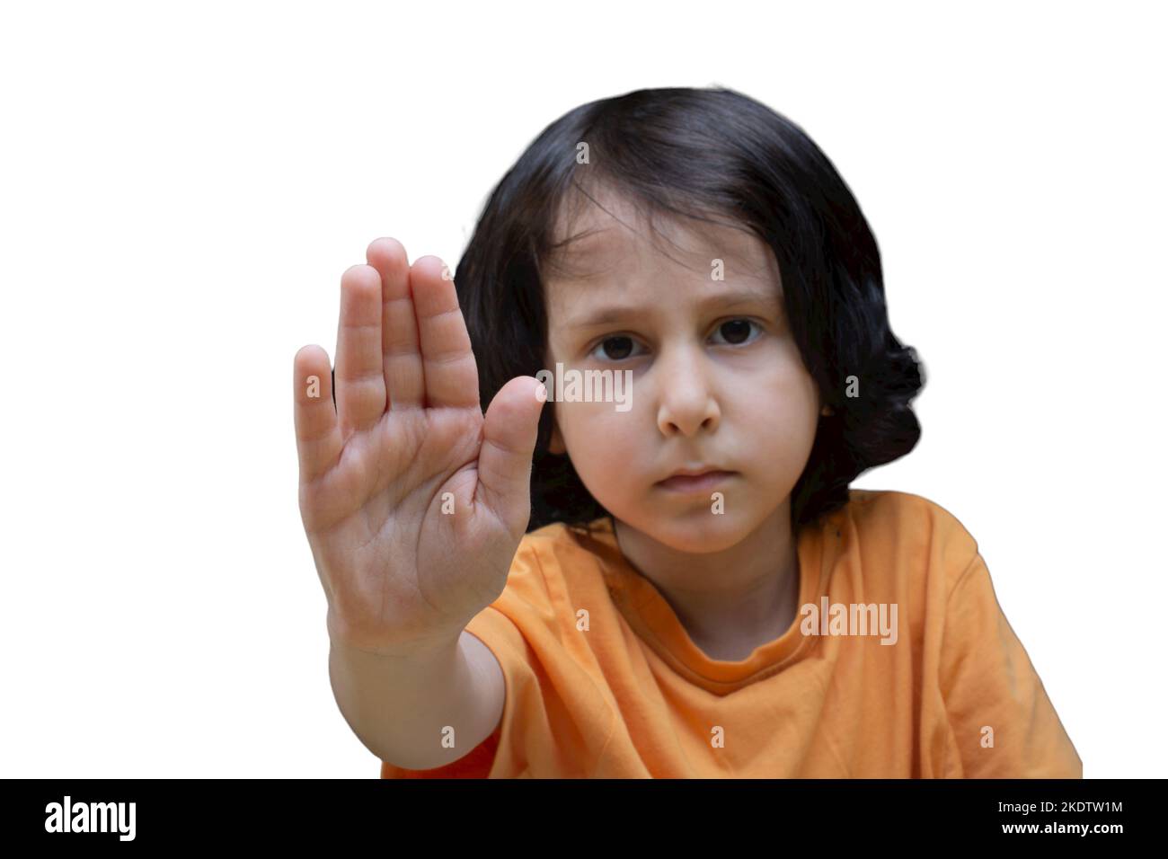boy with stop hand gesture isolated on a white background. Cute happy ...
