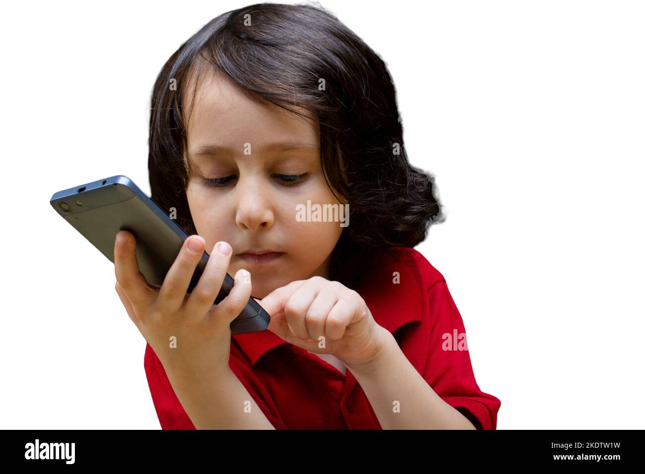 boy with mobile phone in hand isolated on a white background. Cute ...