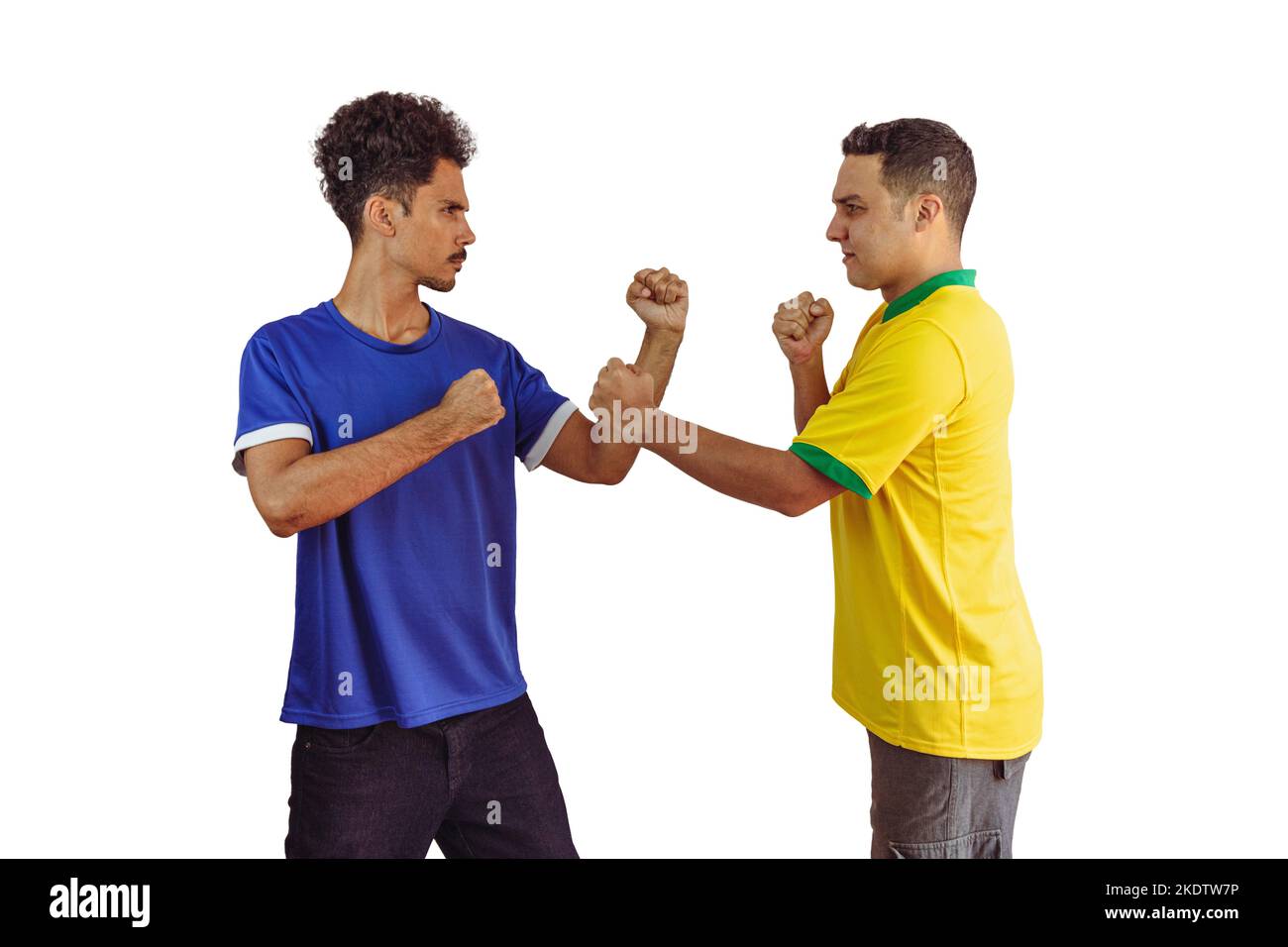 Young male black soccer competitors standing against white background ...