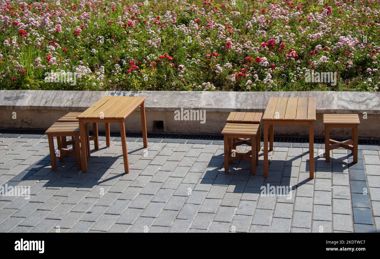 Empty beautiful tables and chairs at lockdown city street, coronavirus ...