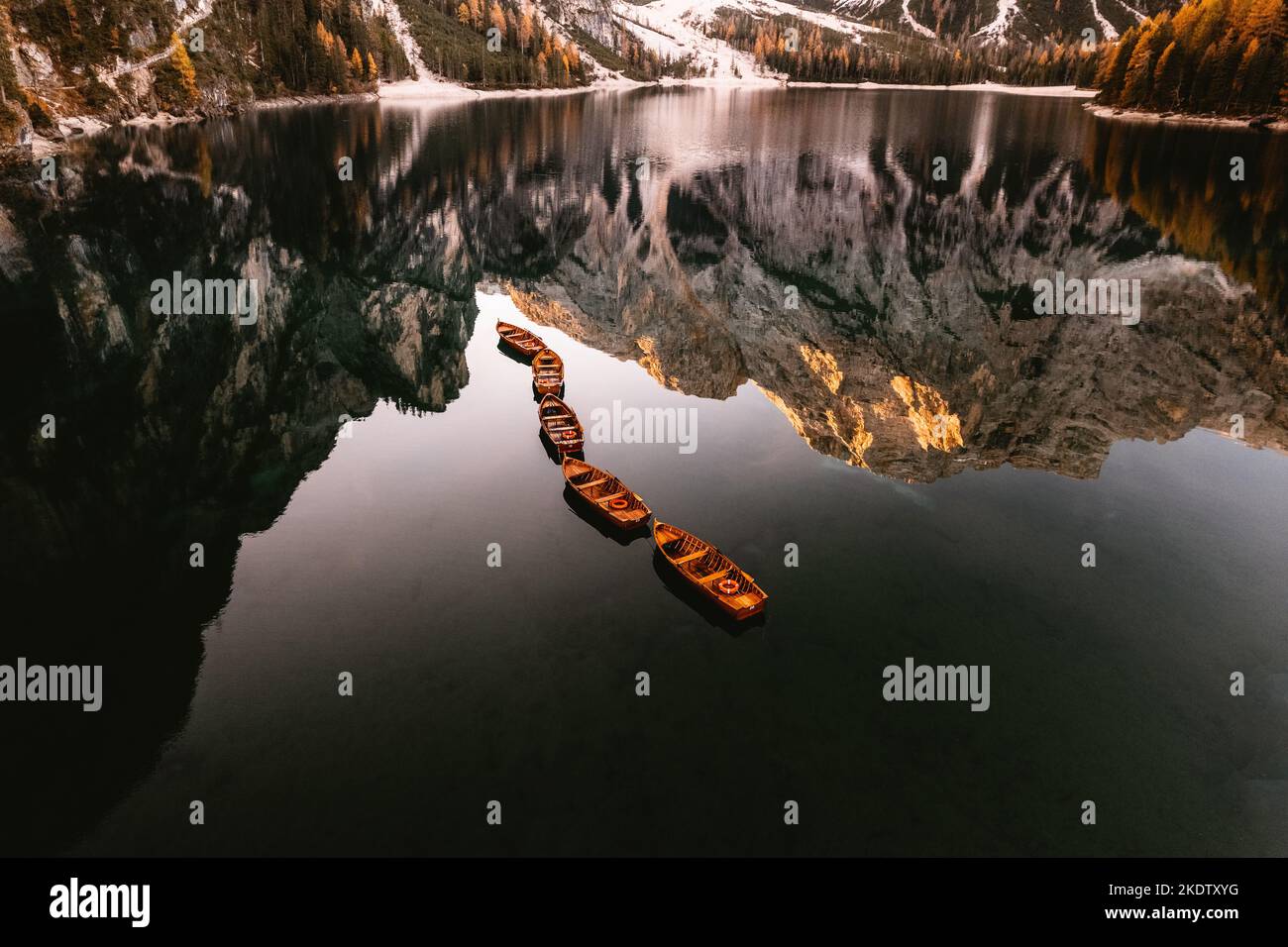Lago di Braies Pragser Wildsee Drone autumn fall Italy Boats and ...