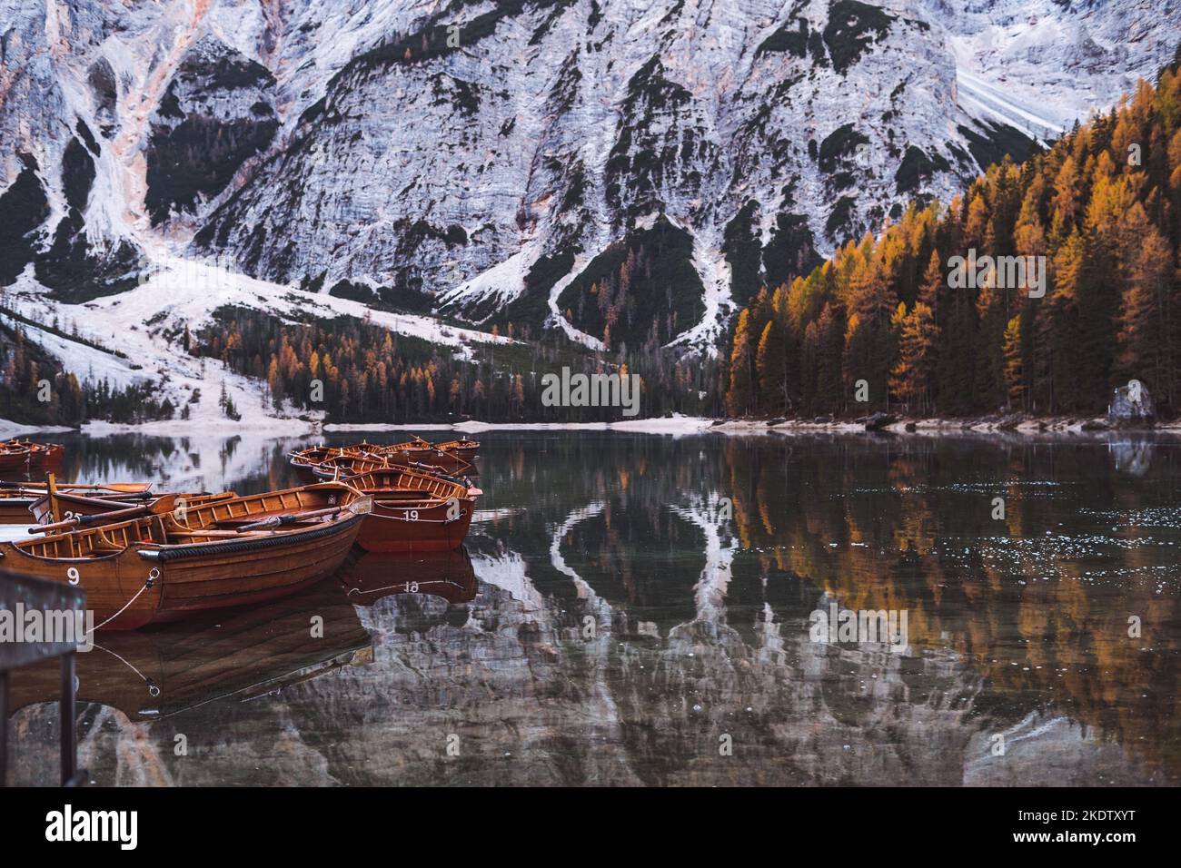 Lago di Braies Pragser Wildsee Drone autumn fall Italy Boats and ...