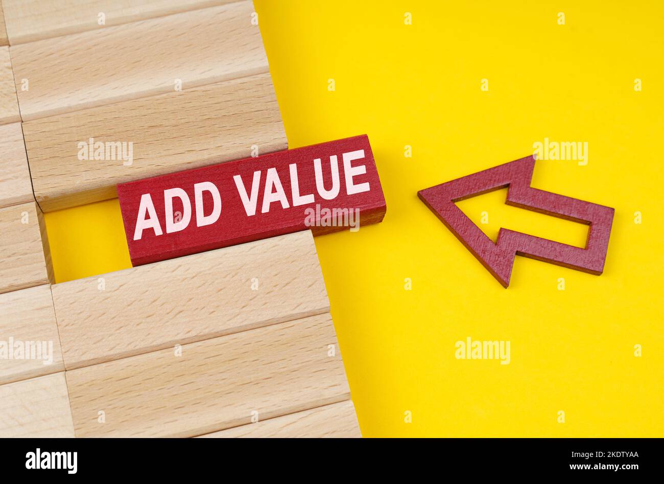 Business concept. On a yellow surface are wooden blocks and an arrow ...