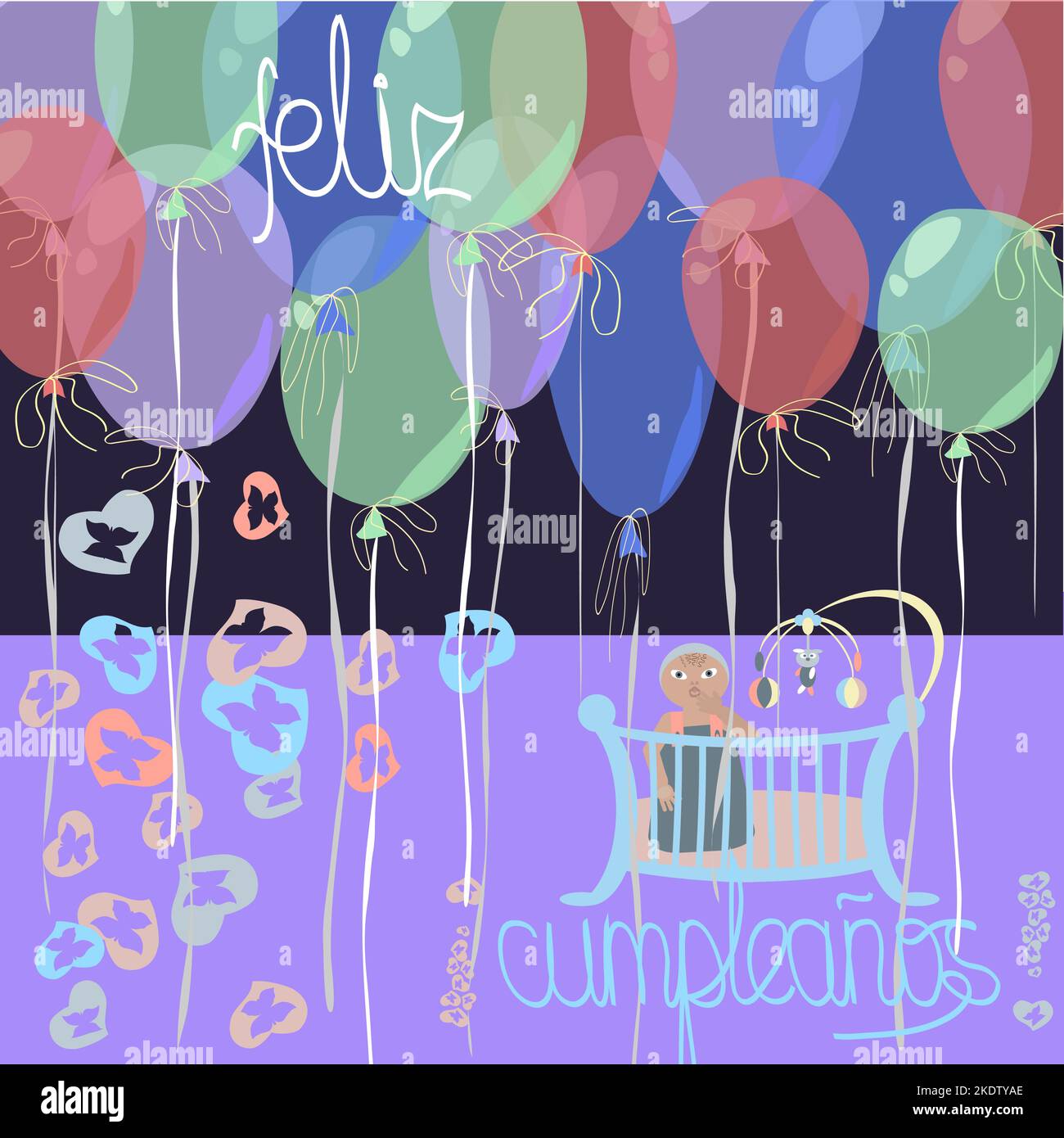 greeting card with colorful balloons and a baby in a cradle with a ...