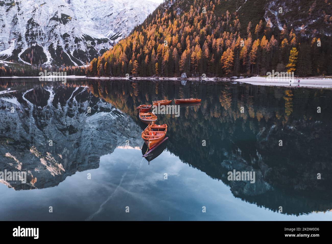 Lago di Braies Pragser Wildsee Drone autumn fall Italy Boats and ...