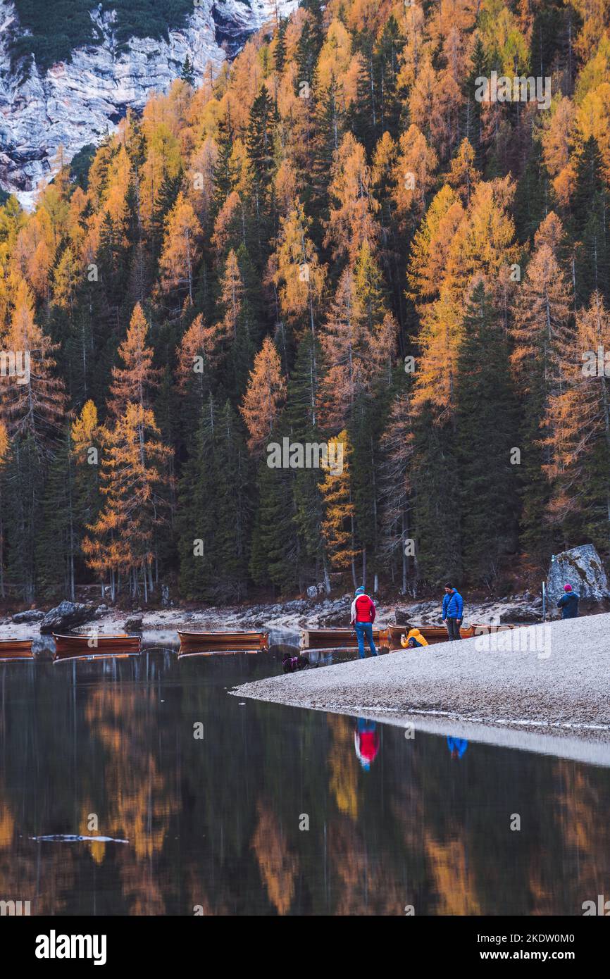 Lago di Braies Pragser Wildsee Drone autumn fall Italy Boats and ...