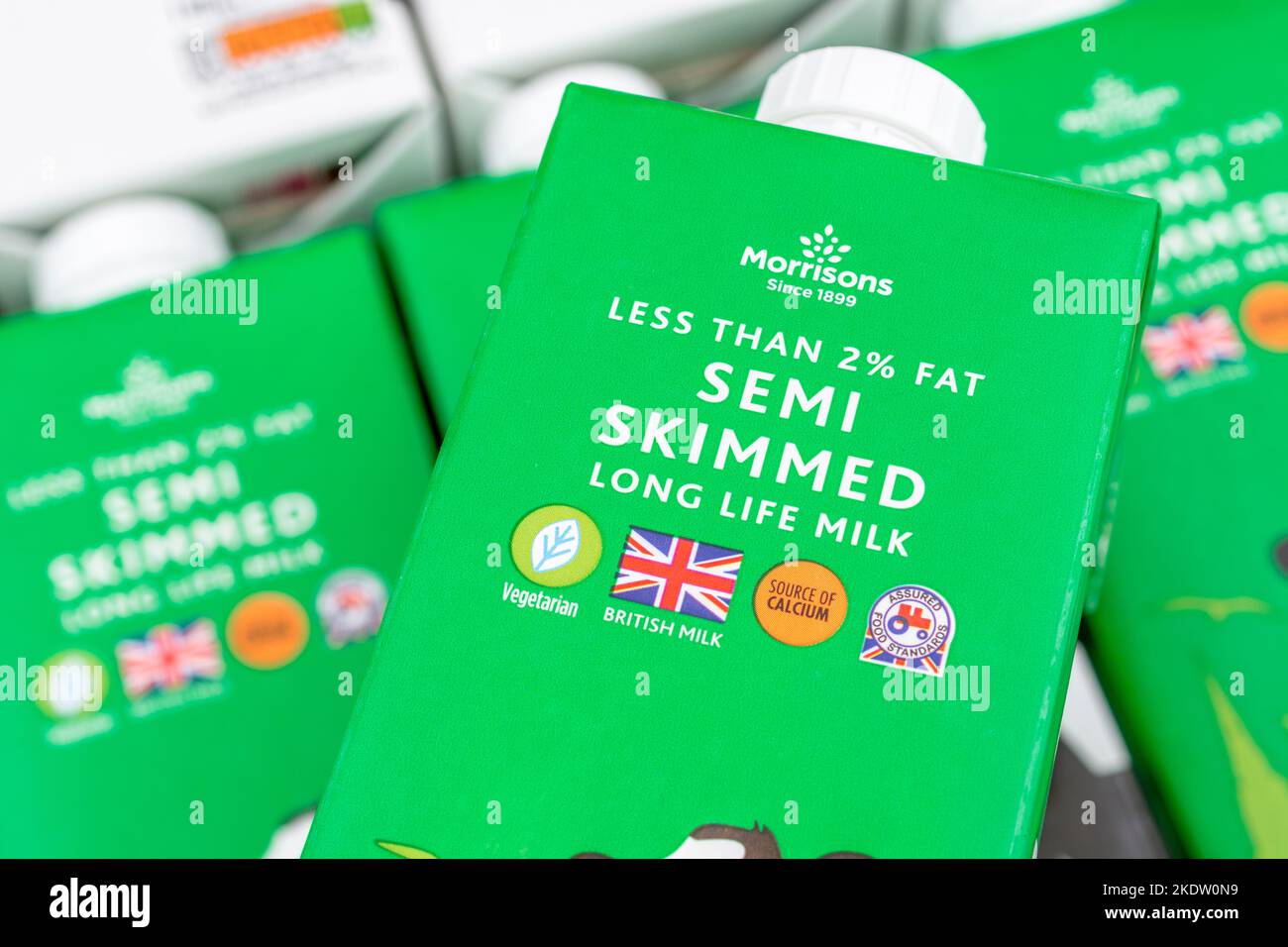 Close shot of paper cartons of Morrison's own-label long-life UHT semi ...