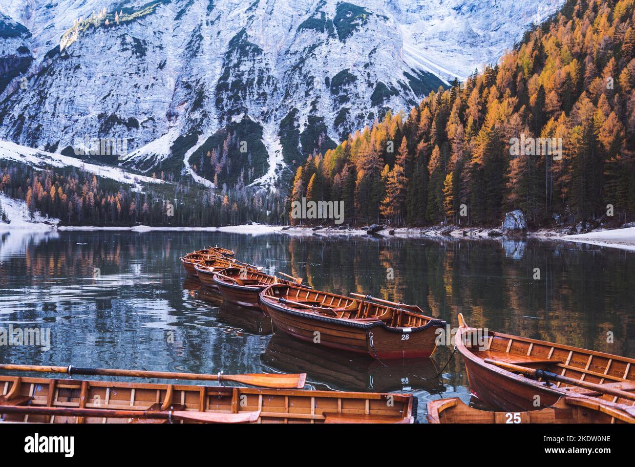 Lago di Braies Pragser Wildsee Drone autumn fall Italy Boats and ...
