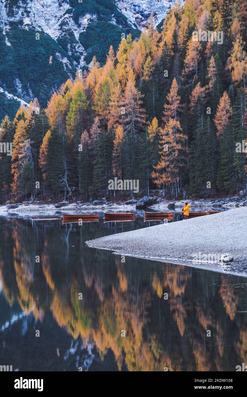 Lago di Braies Pragser Wildsee Drone autumn fall Italy Boats and ...