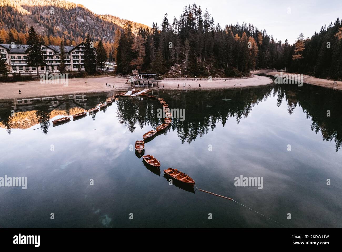 Lago di Braies Pragser Wildsee Drone autumn fall Italy Boats and ...