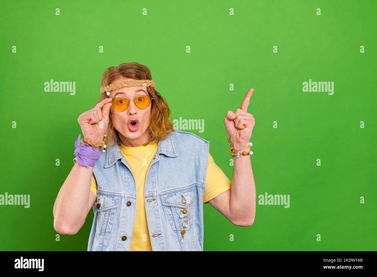 Photo of youngster guy impressed advert promo point empty space hand ...