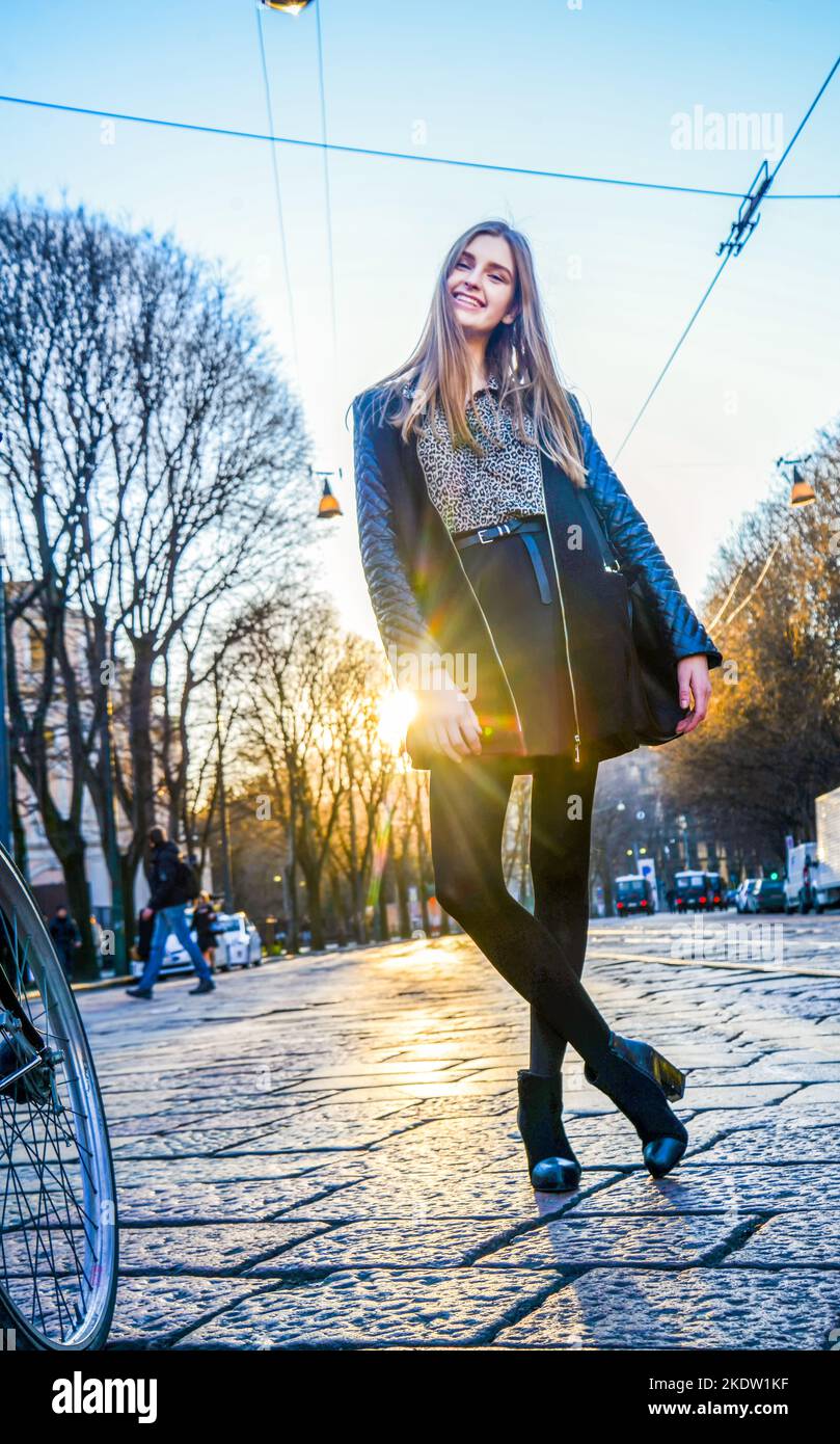 22-02-2014 Milan, Italy A beautiful young model stands on the ...