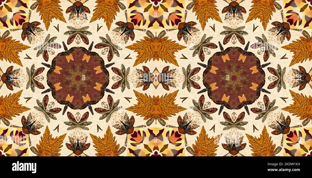 Autumn leaves woodland seamless border. Brown retro kaleidoscopic ...