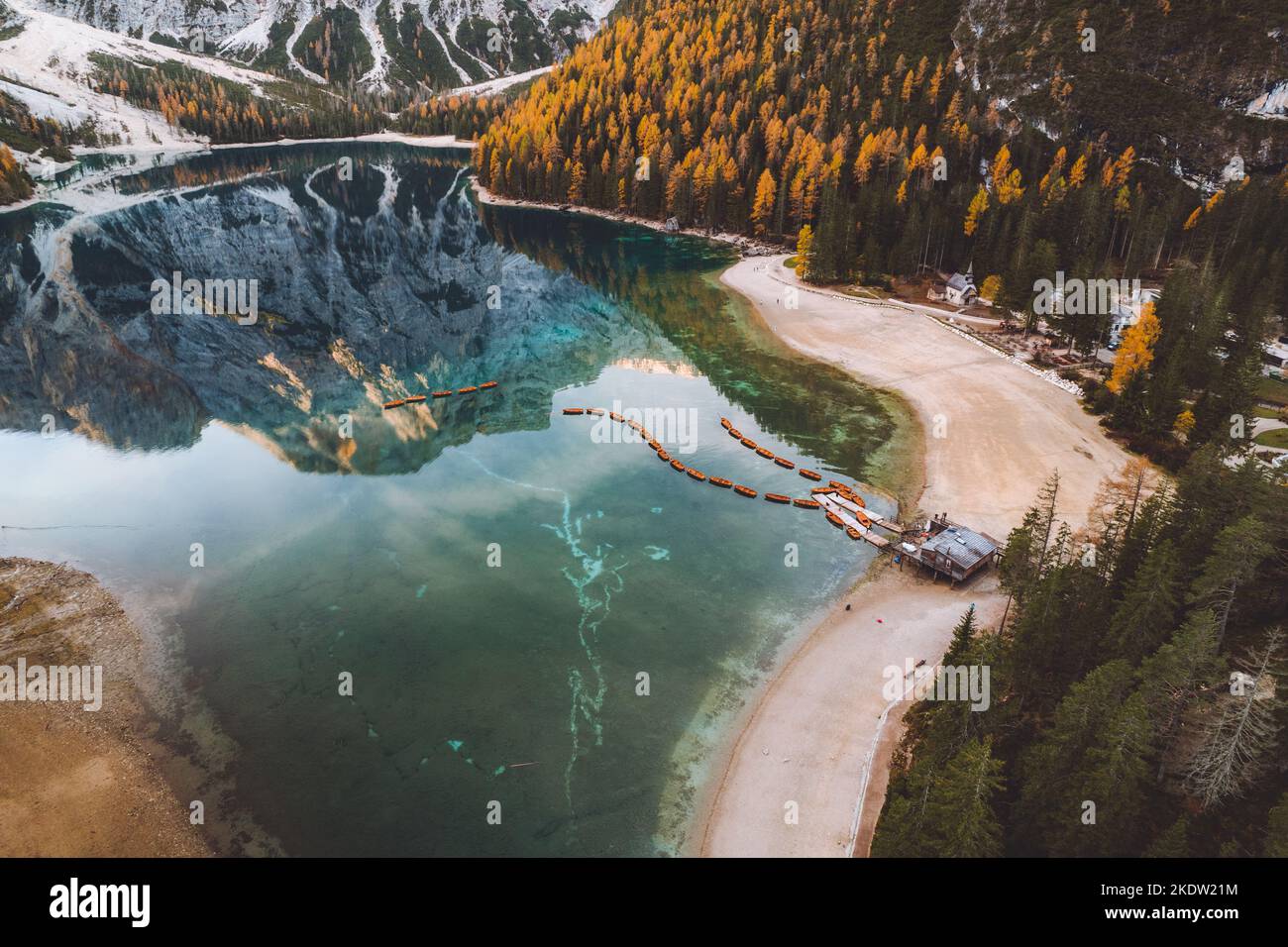 Lago di Braies Pragser Wildsee Drone autumn fall Italy Boats and ...