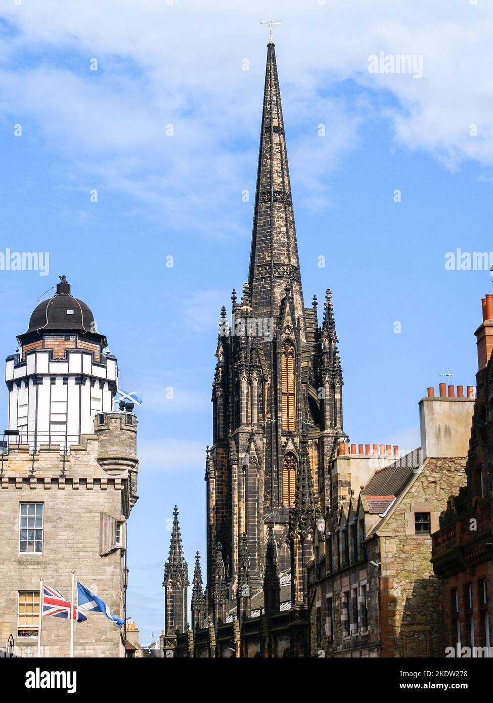 Gothic architecture of Tolbooth Church beside Camera Obscura dome in ...
