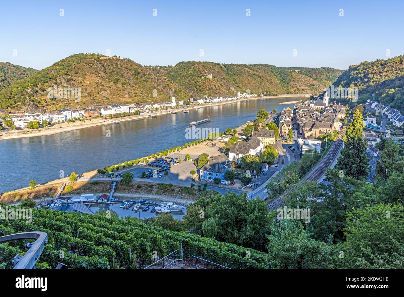 Drone panorama over St. Goar and St. Goarshausen at daytime in summer ...