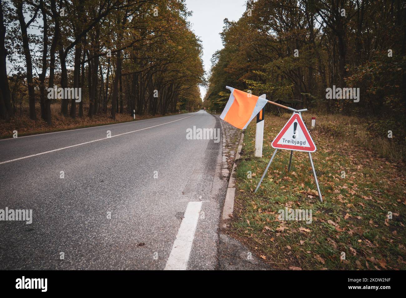 on the side of the road there is a sign with a flag with the warning ...