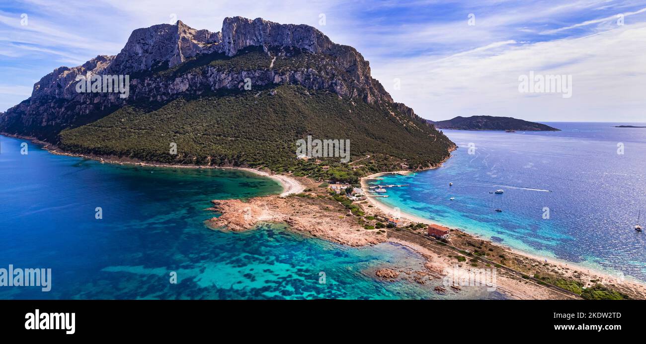 aerial drone panoramic view of splendid island and beach Tavolara in ...