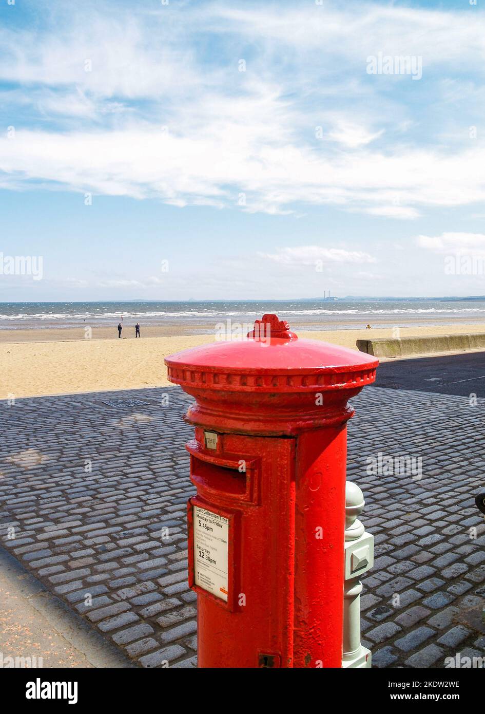 Traditional red pillbox, or British post box at Portobello by beach ...