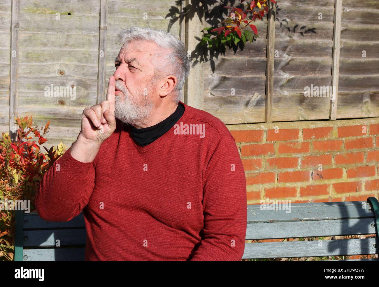 Senior or elderly man with finger to his mouth saying be quiet. Dont ...